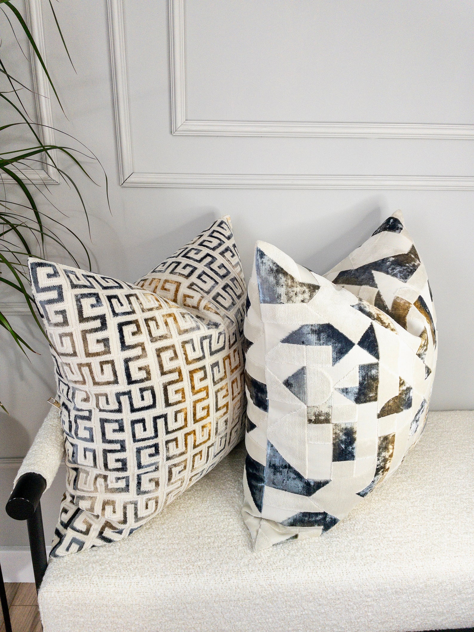 Cream Gold Gray Velvet Greek Key Pillow Cover, Geometric Velvet Throw ...
