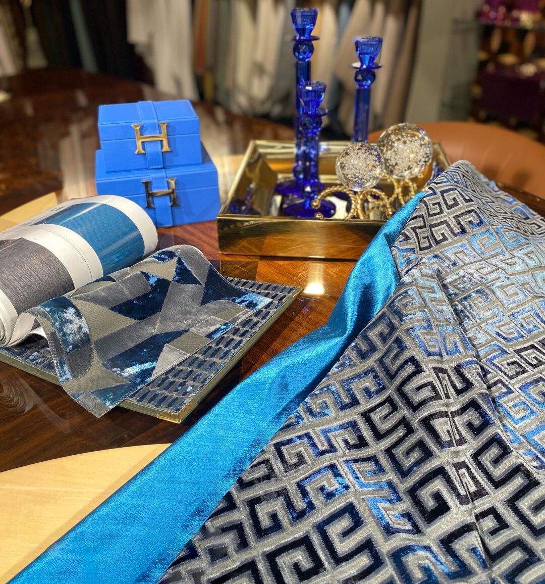 Blue Gray Greek Key Cut Velvet Fabric, Upholstery Fabric, Modern ...