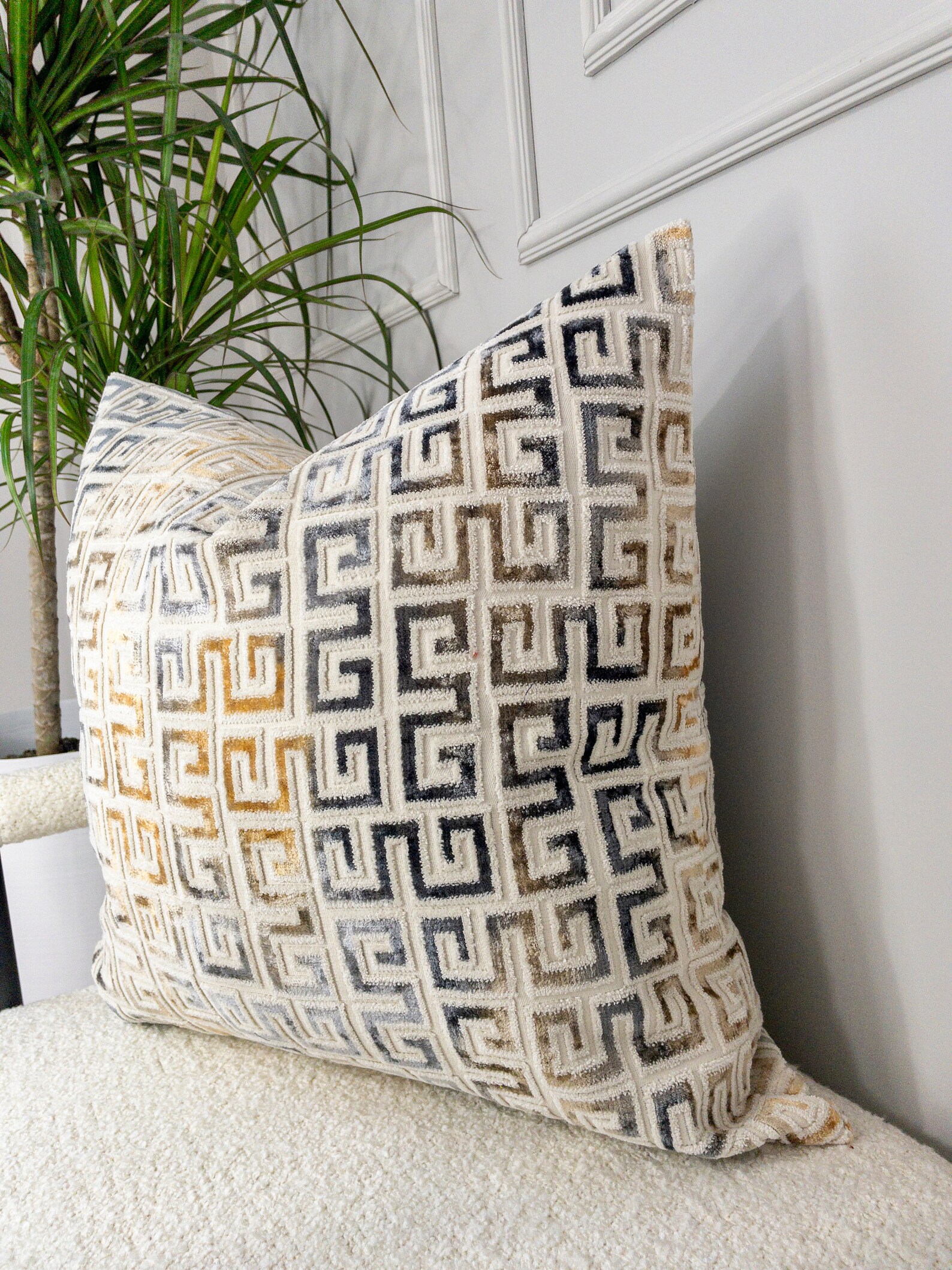 Cream Gold Gray Velvet Greek Key Pillow Cover, Geometric Velvet Throw ...