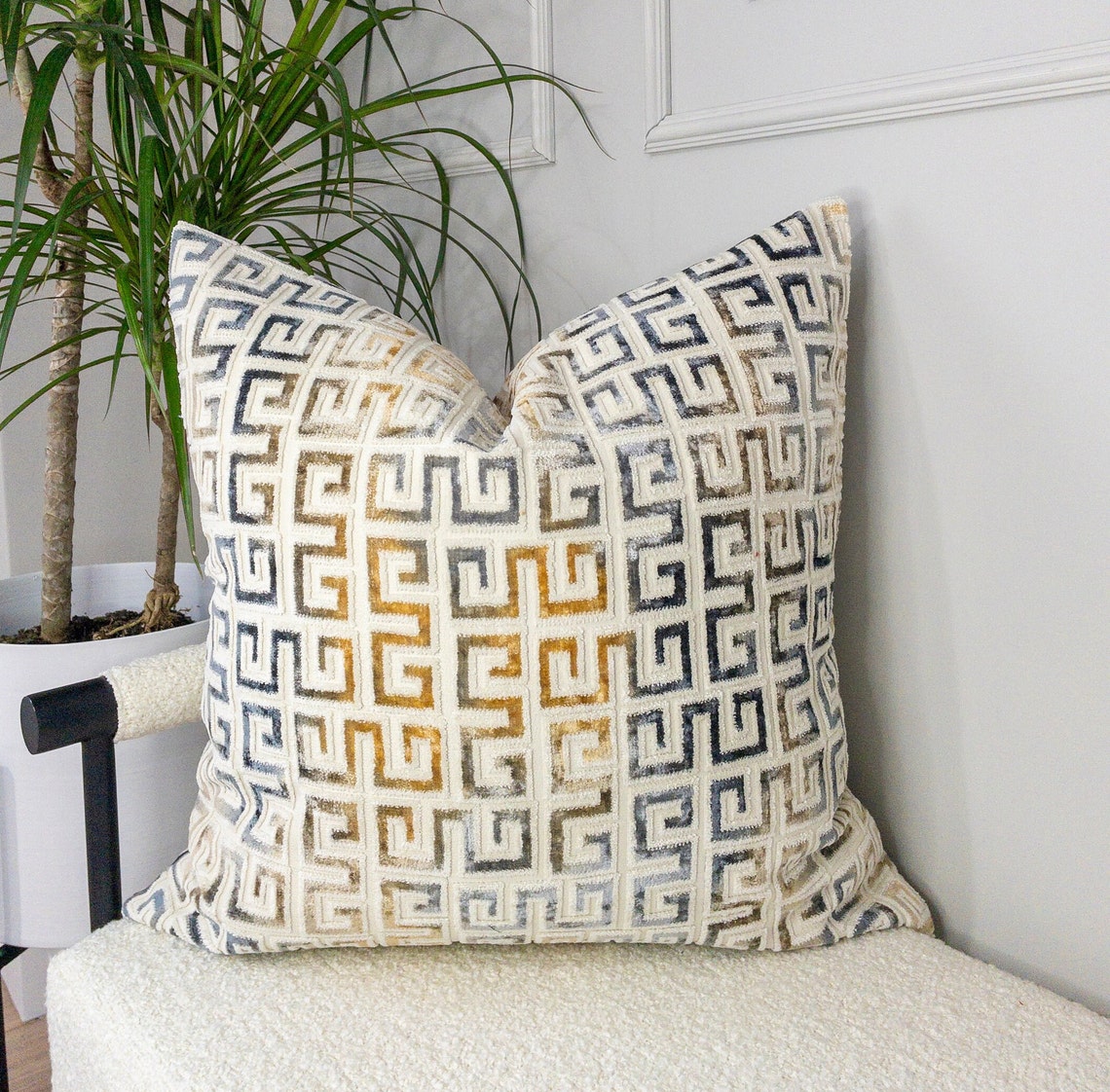 Cream Gold Gray Velvet Greek Key Pillow Cover, Geometric Velvet Throw ...