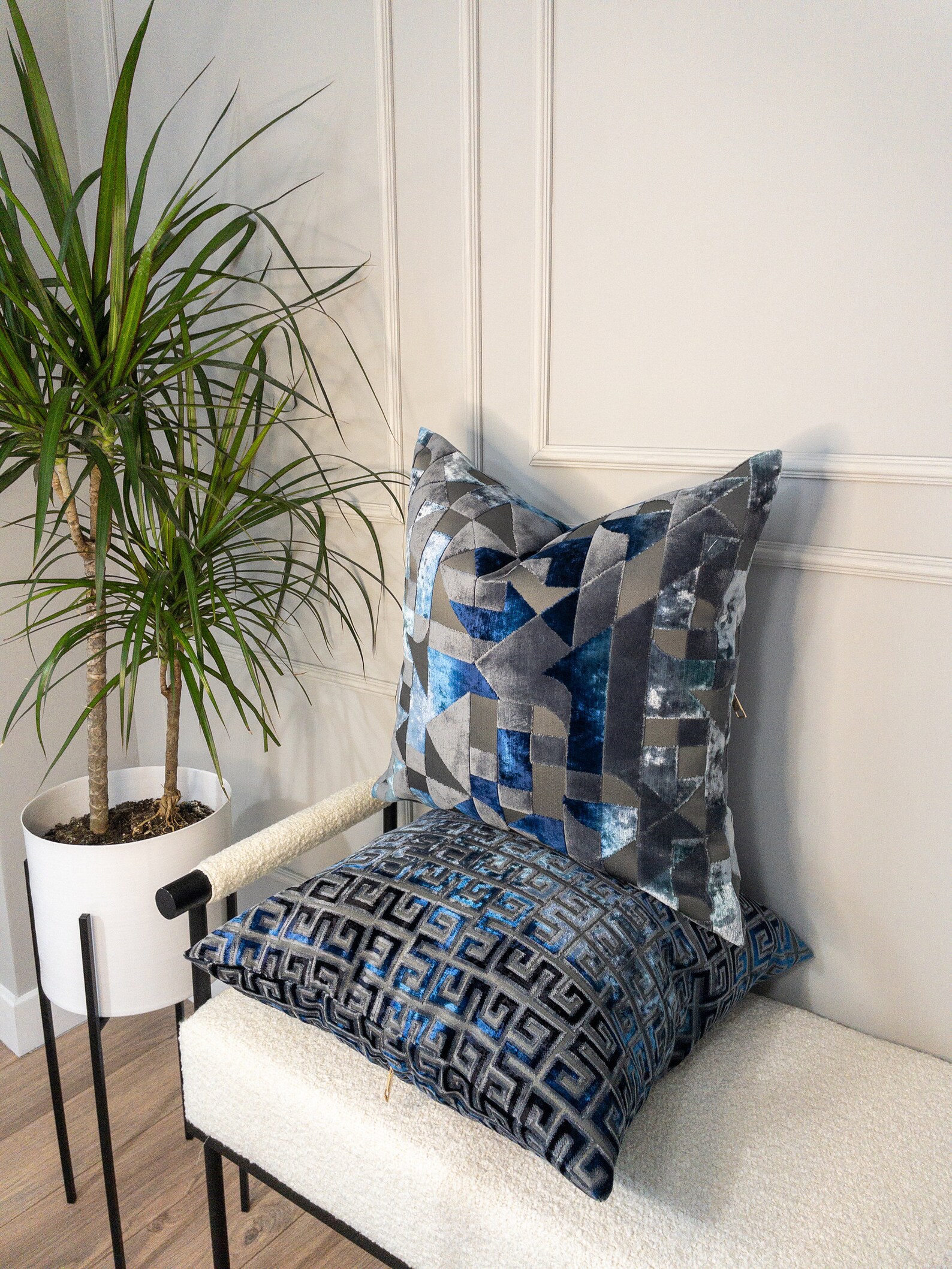 Navy Blue Gray Geometric Pillow Cover, Soft Textured Cut Velvet Fabric ...
