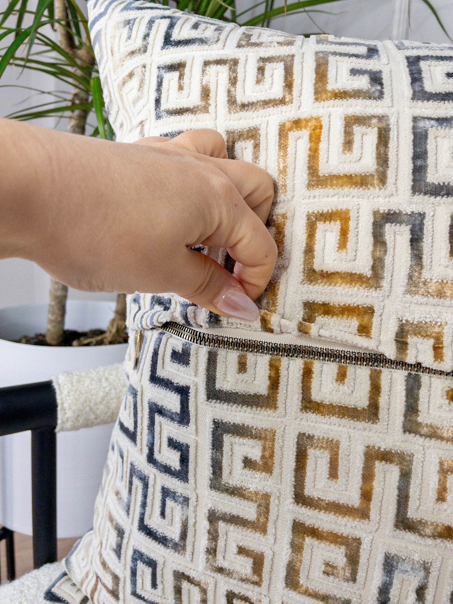 Cream Gold Gray Velvet Greek Key Pillow Cover, Geometric Velvet Throw ...