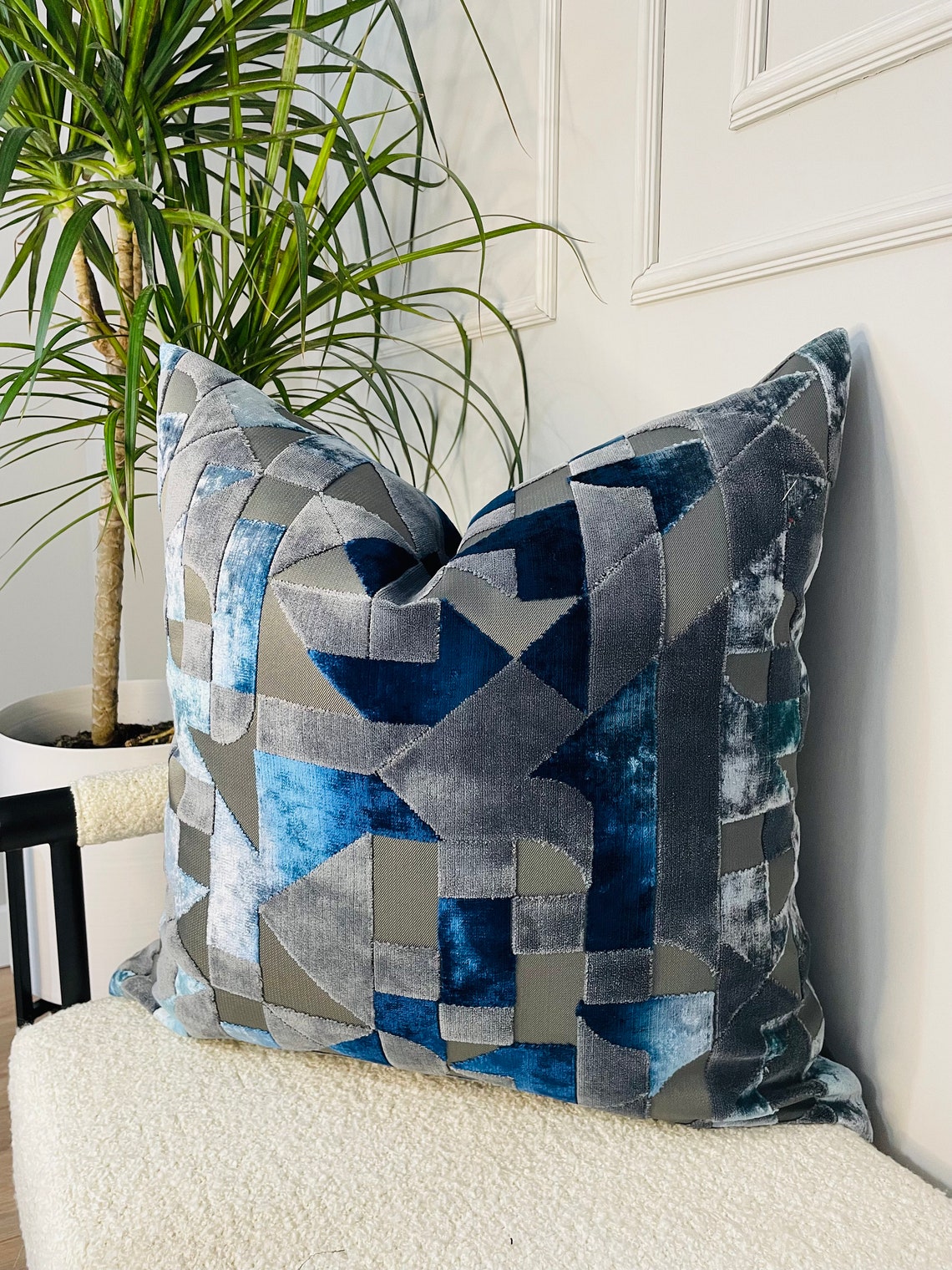 Navy Blue Gray Geometric Pillow Cover, Soft Textured Cut Velvet Fabric ...
