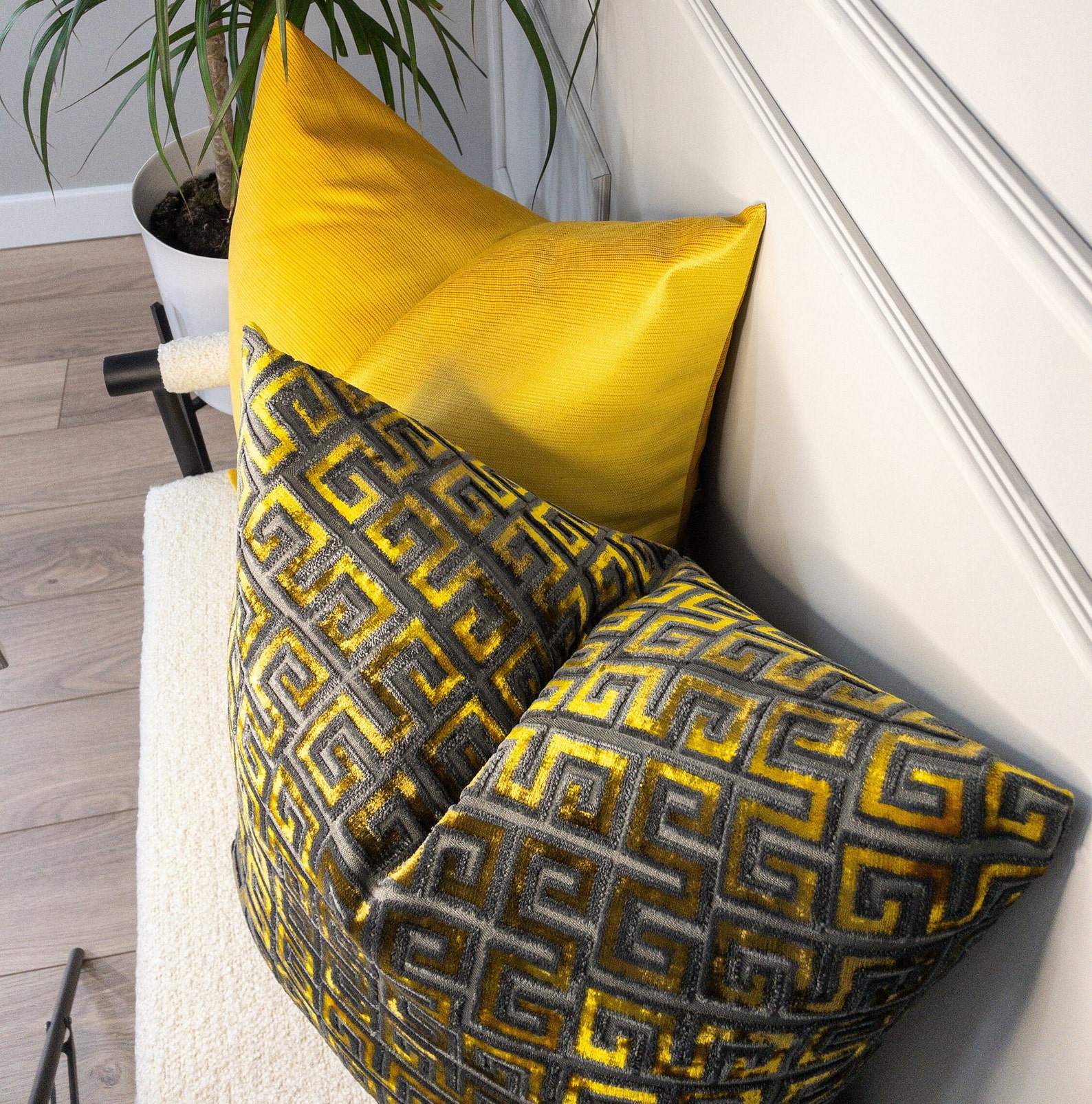 Mustard Yellow Gray Velvet Pillow Cover, Greek Key Printed Throw ...