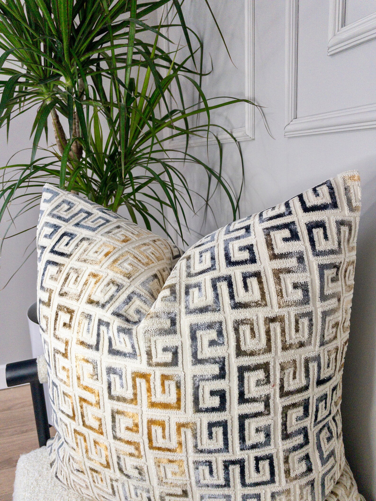 Cream Gold Gray Velvet Greek Key Pillow Cover, Geometric Velvet Throw ...