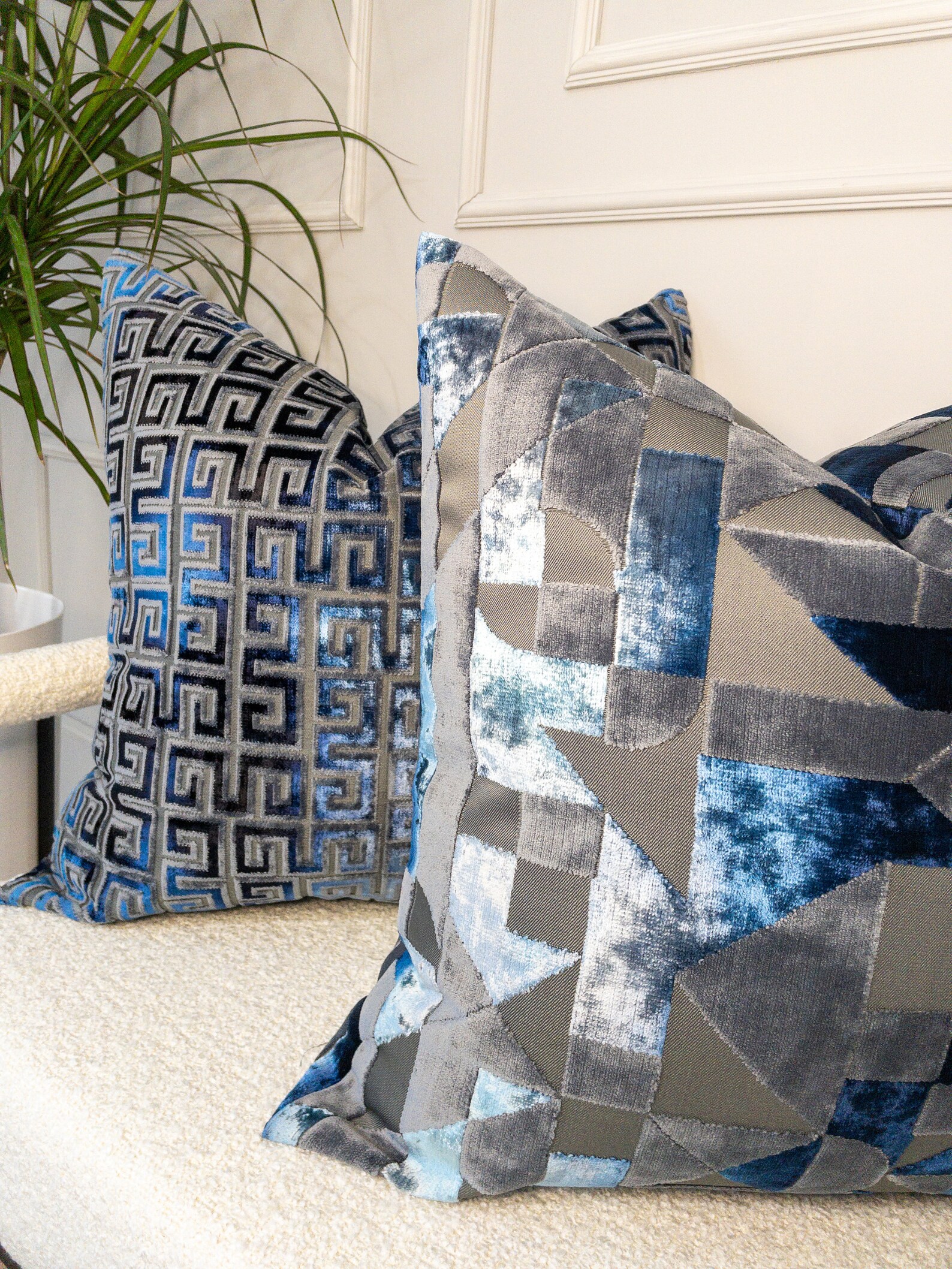 Navy Blue Gray Geometric Pillow Cover, Soft Textured Cut Velvet Fabric ...