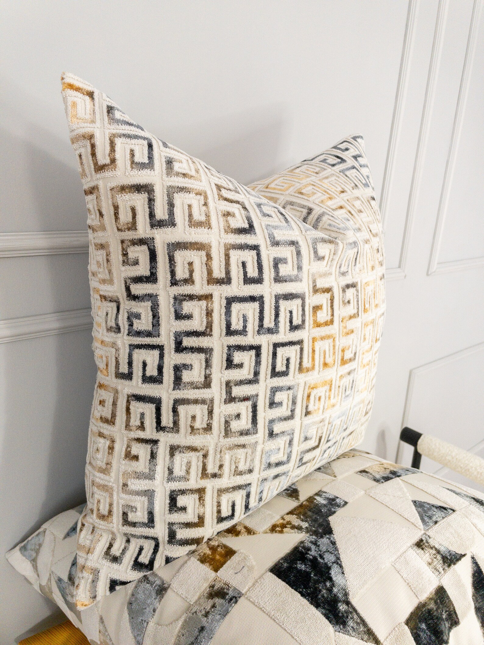 Cream Gold Gray Velvet Greek Key Pillow Cover, Geometric Velvet Throw ...
