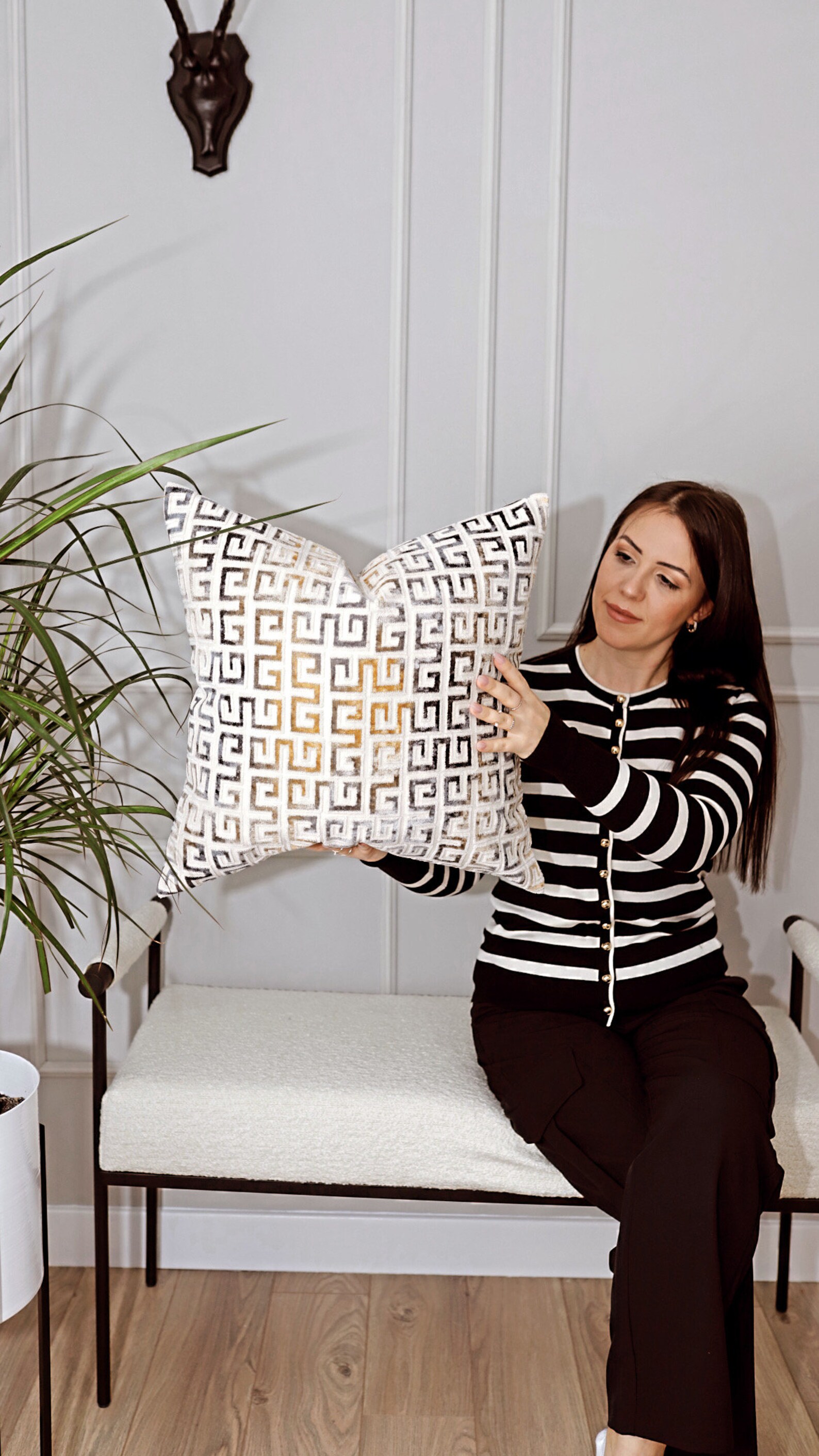 Cream Gold Gray Velvet Greek Key Pillow Cover, Geometric Velvet Throw ...