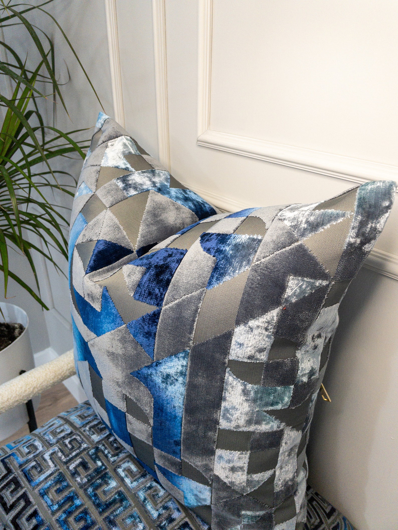 Navy Blue Gray Geometric Pillow Cover, Soft Textured Cut Velvet Fabric ...