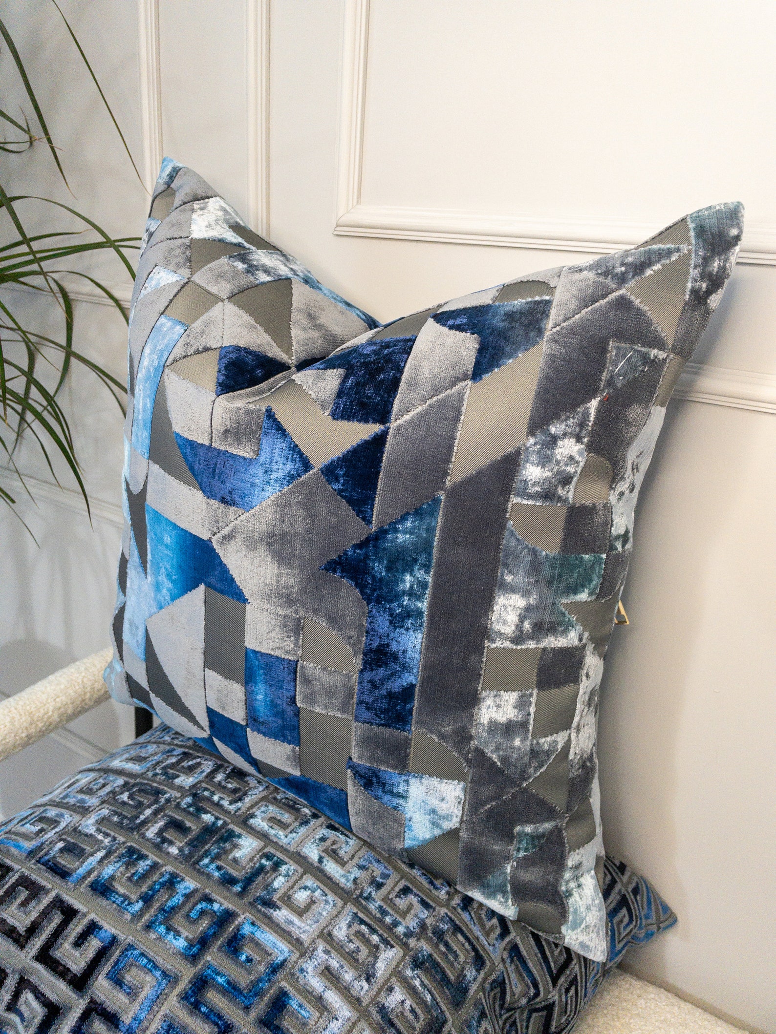 Navy Blue Gray Geometric Pillow Cover, Soft Textured Cut Velvet Fabric ...