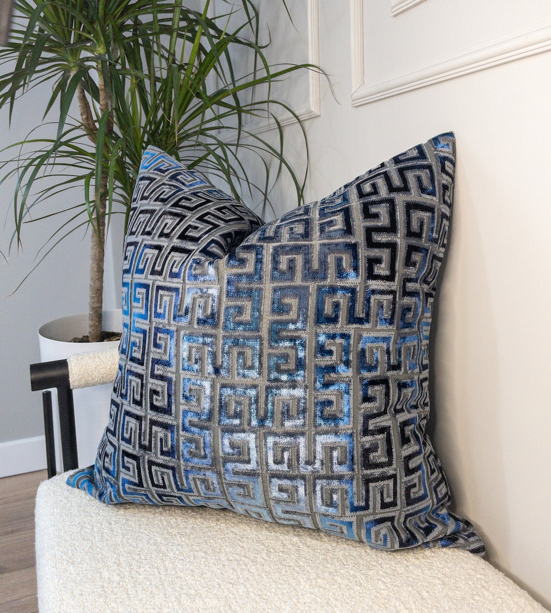 Navy Blue and Gray Velvet Greek Key Pillow Cover, Navy Geometric Pillow ...