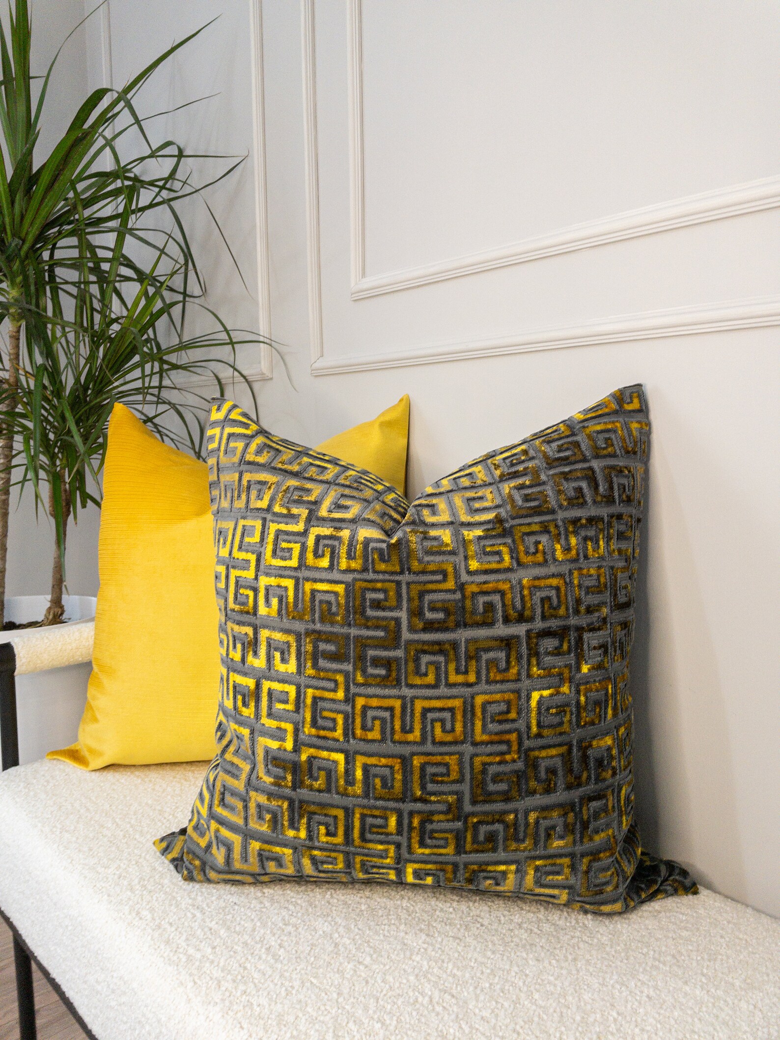 Mustard Yellow Gray Velvet Pillow Cover, Greek Key Printed Throw ...