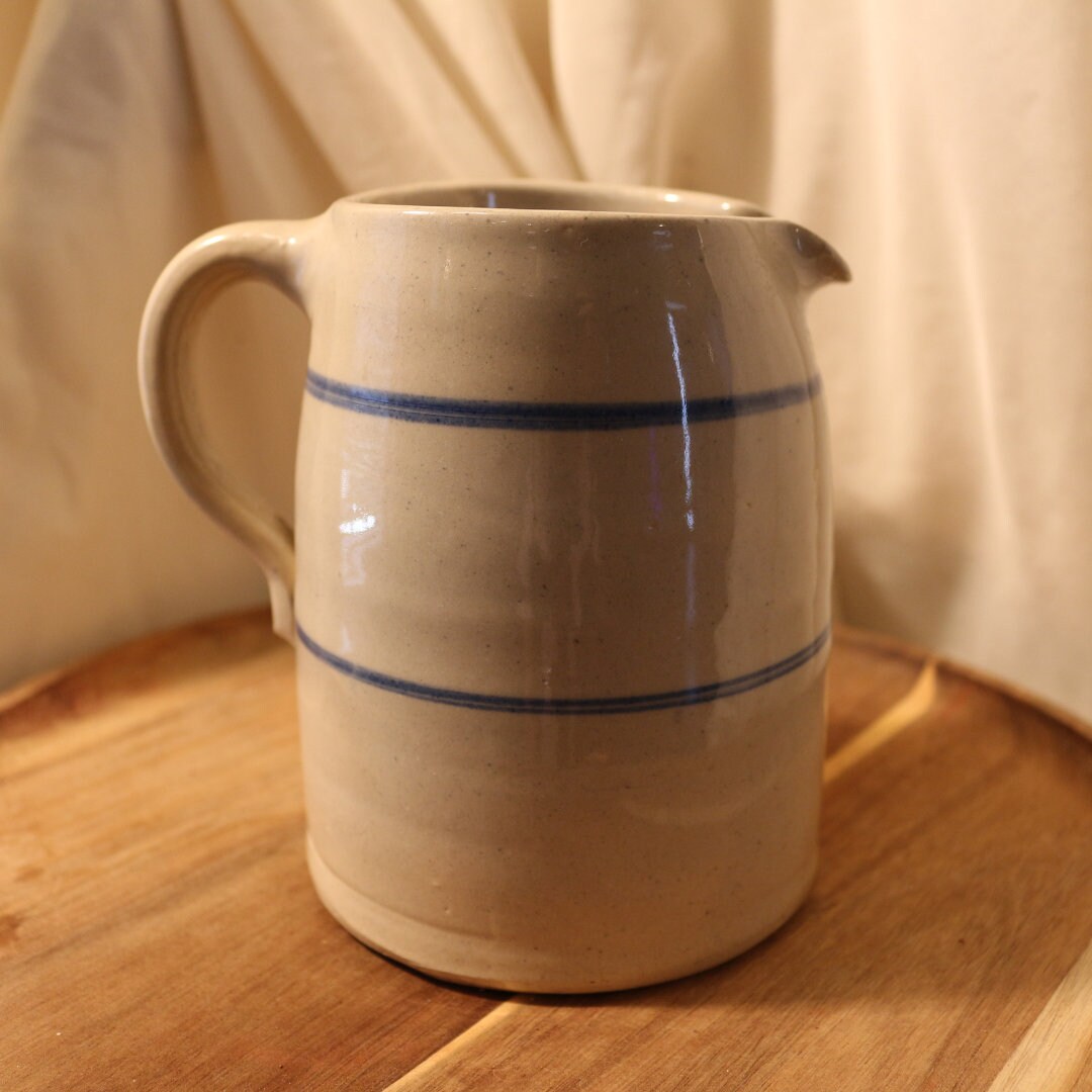 Vintage Salt Glaze Stoneware Pottery Pitcher W/ Blue Lines & Apple ...