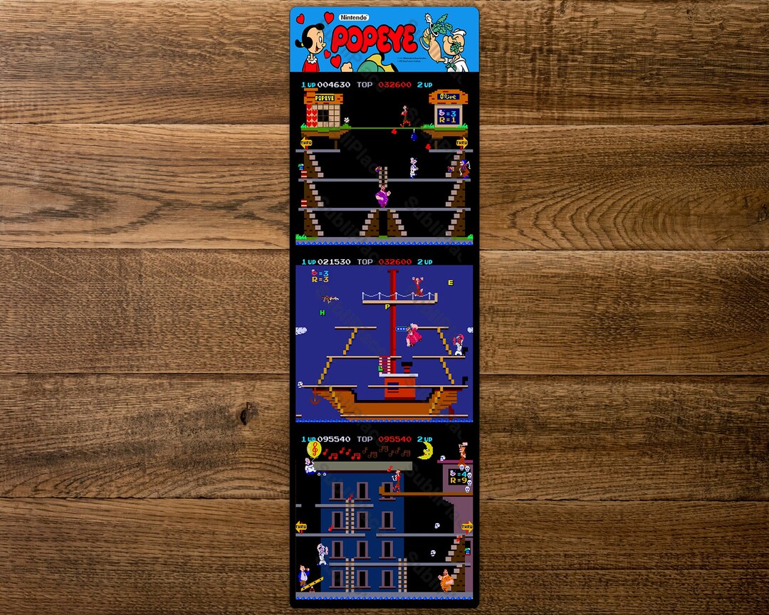 Popeye Arcade Game Marquee With 3 Screenshots on 5.5"x17.5" Metal Plate ...