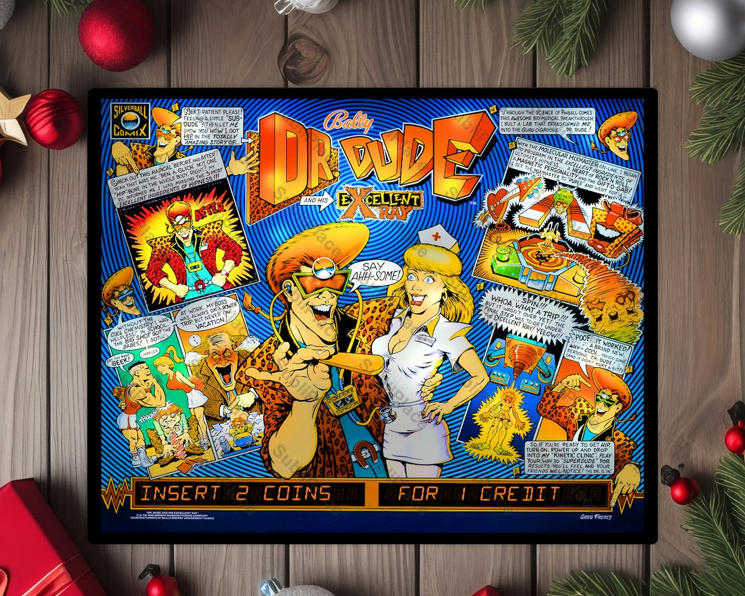 Dr Dude Bally 1990 Pinball Arcade Game Backglass Image on 8x10 Metal Plate High Gloss W/ Rounded ...