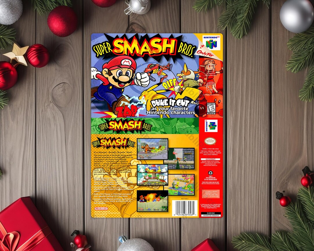 N64 Super Smash Bros. Box Cover Video Game Image on a 5"x7" Metal Plate ...