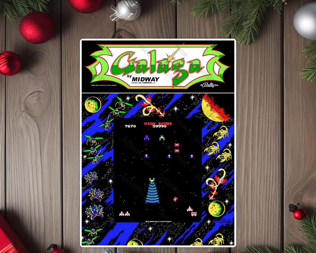 Galaga Arcade Game Marquee, Bezel & 7670 Screenshot Image on a 12"x16" Metal Plate - High Gloss ...