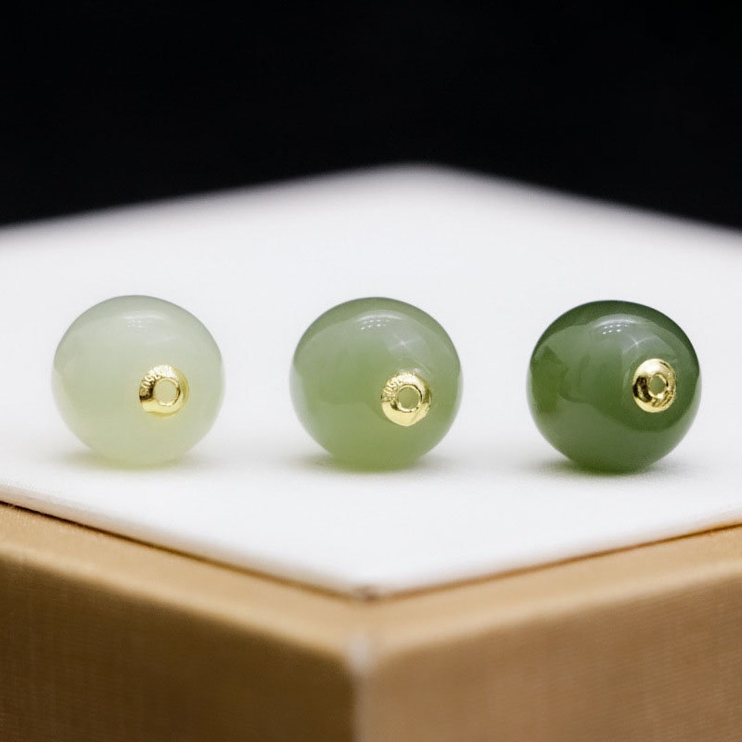 Fine Cylinder Shape 18k Gold Genuine Natural Green Nephrite Jade Bead ...