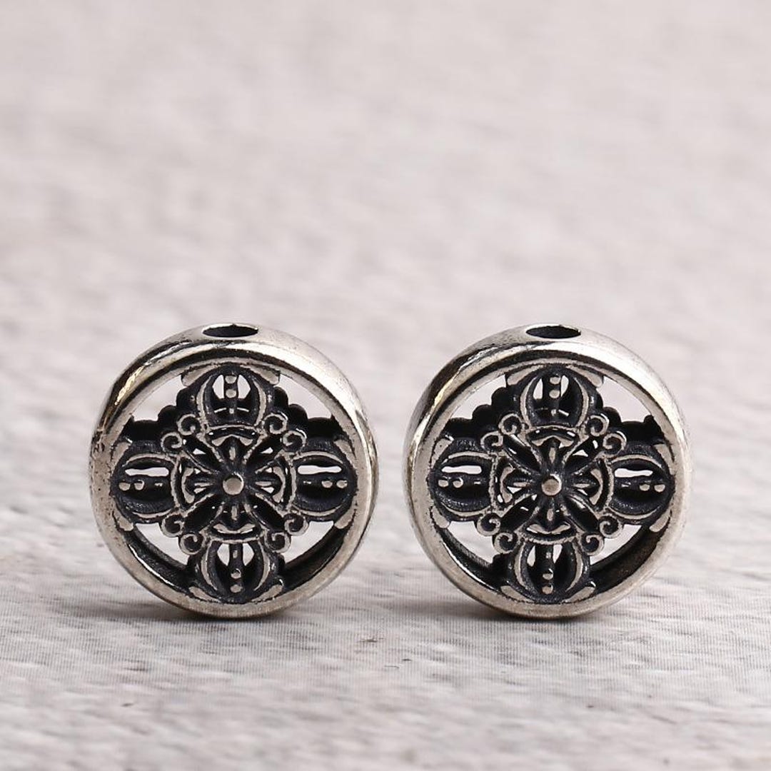 Hollow Flower Pattern Round Shape Oxidized Sterling Silver Bead - Etsy