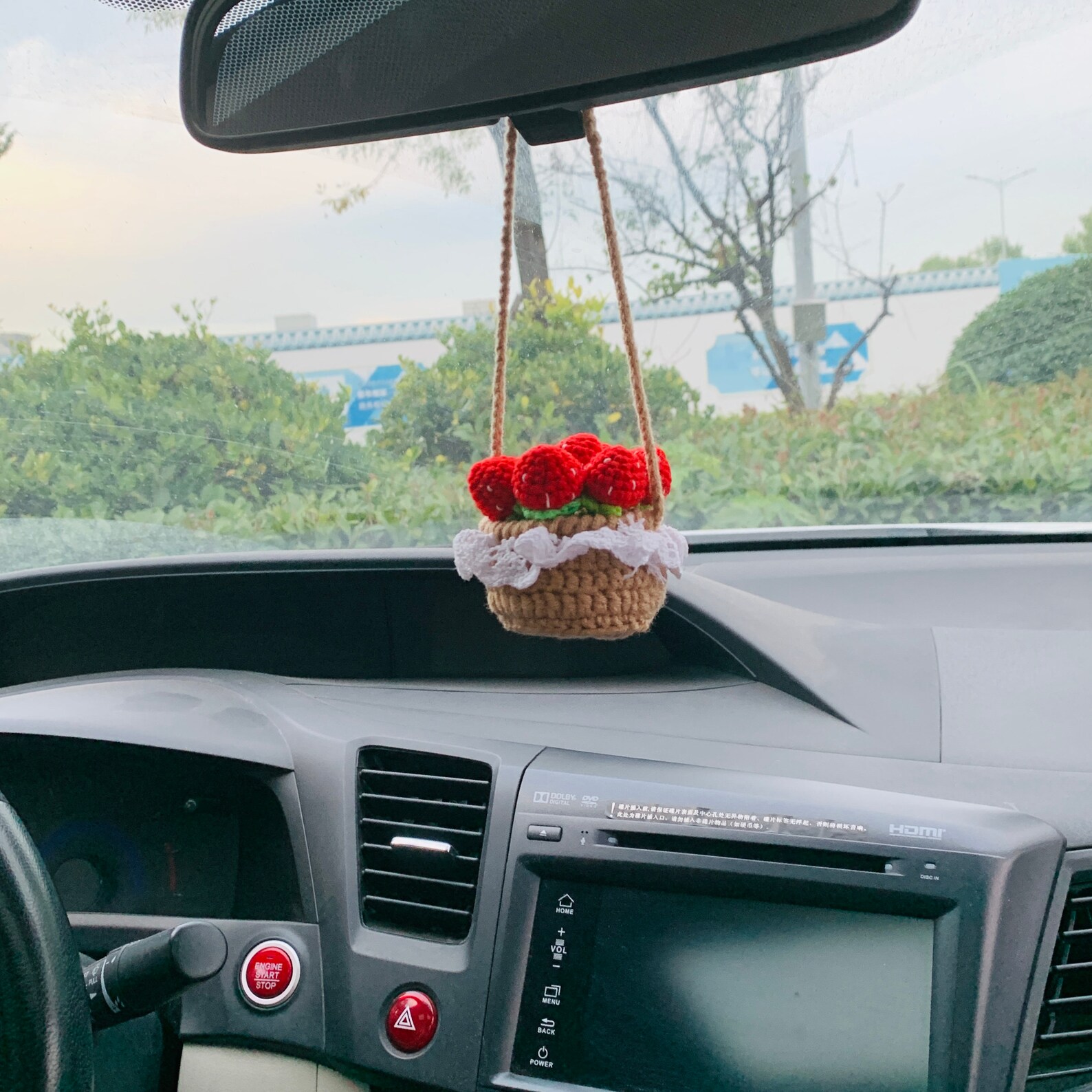 Cute Kawaii Flower Strawberry Car Mirror Hanging Charm Fruit Decor ...