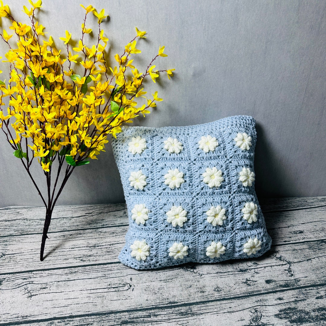 Cute Puff Flower Floral Cushion Cover Crochet Pillow Case Crochet ...