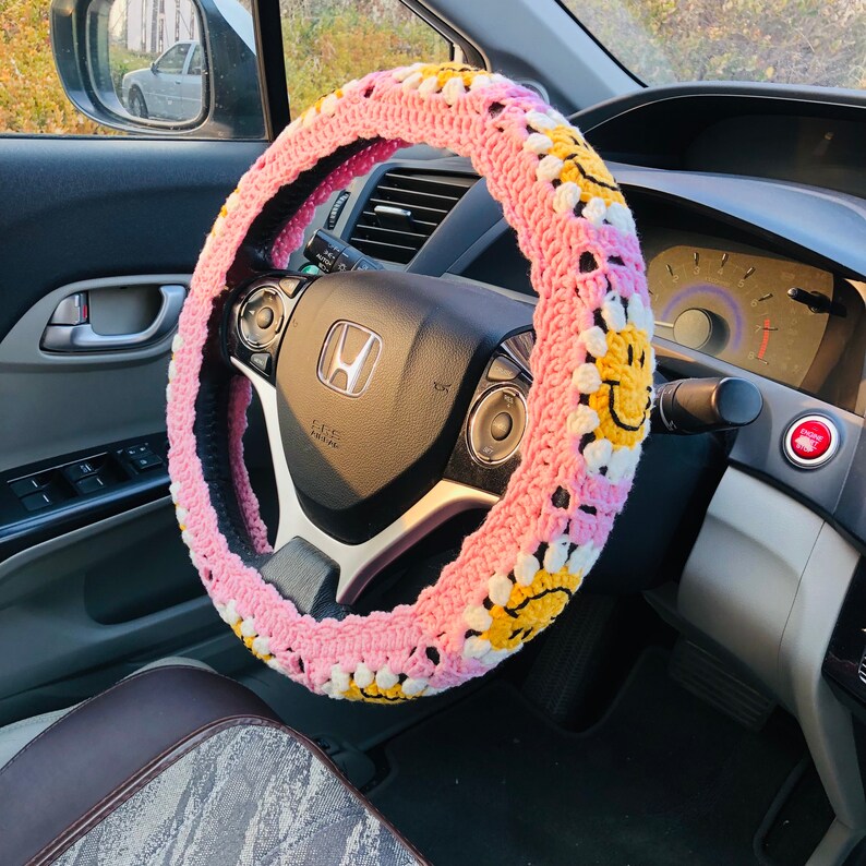 Steering Wheel Cover for Women, Crochet Cute Smiley Face Flower Seat ...