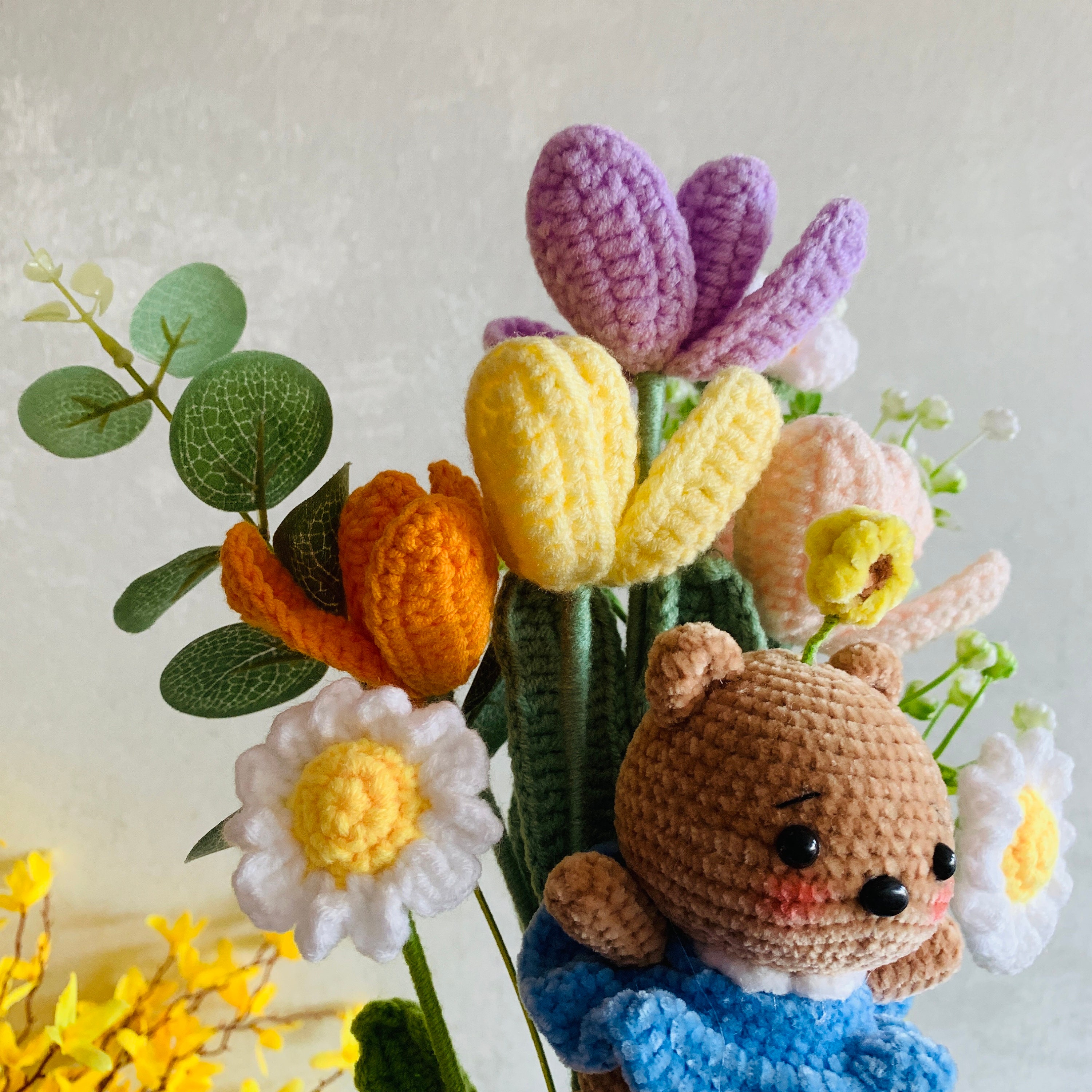 Crochet Flowers, Sunflower Bear Tulip Daisy Flower Ornaments, Cute A ...