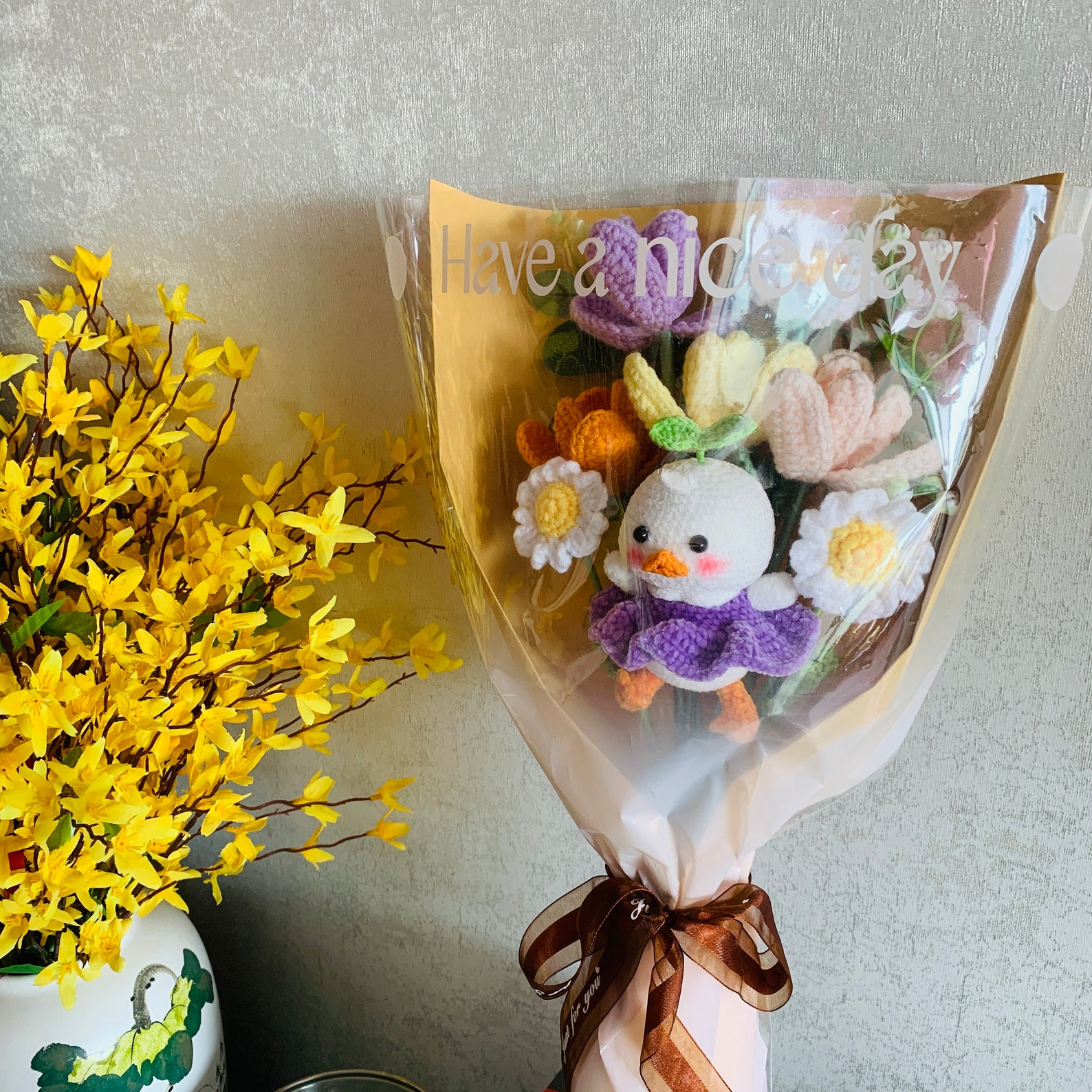 Crochet Flowers, Duck With Grass Tulip Daisy Flower Ornaments, Cute A ...
