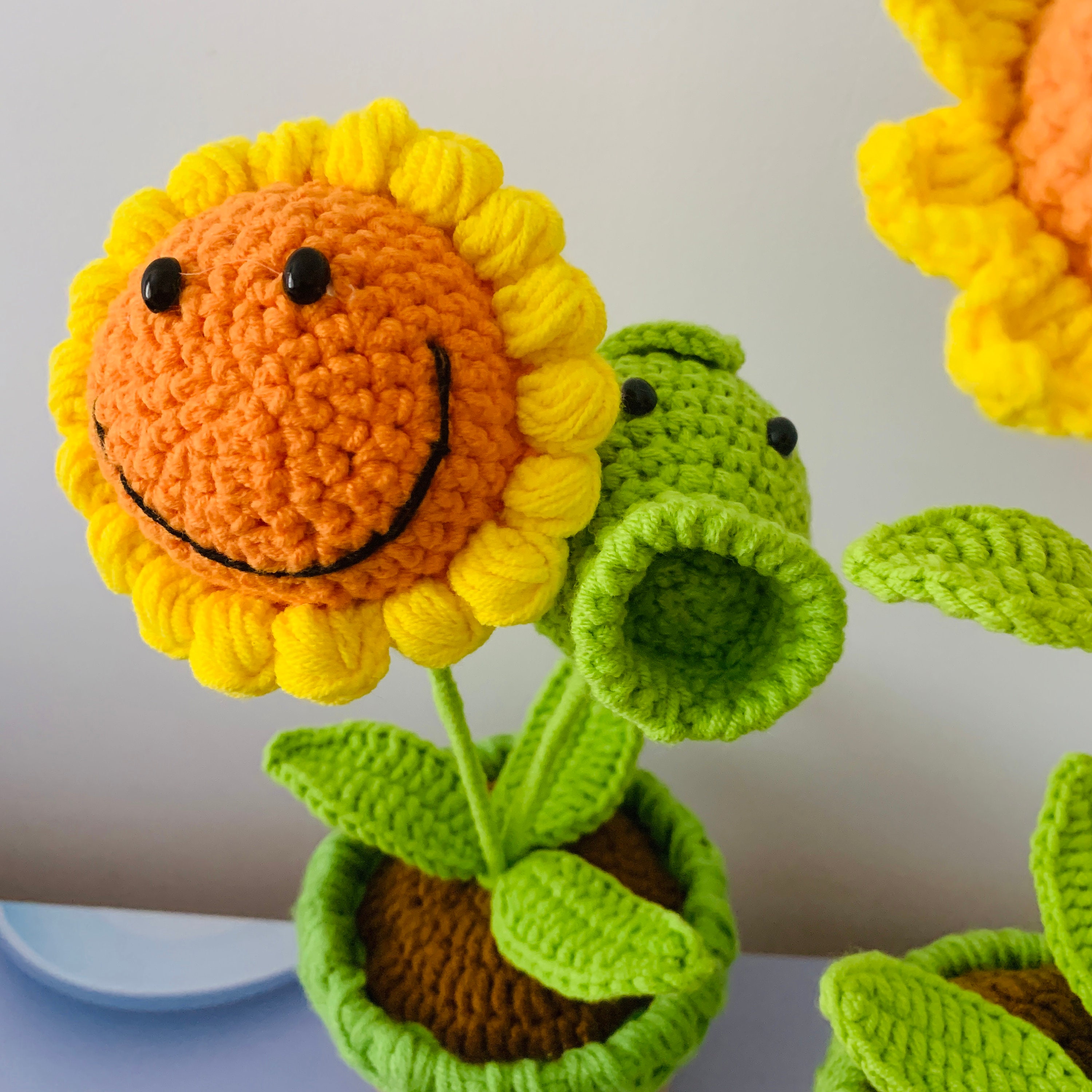 Hand Crochet Smiley Face Sunflower Pea Shooter Potted Ornaments ...