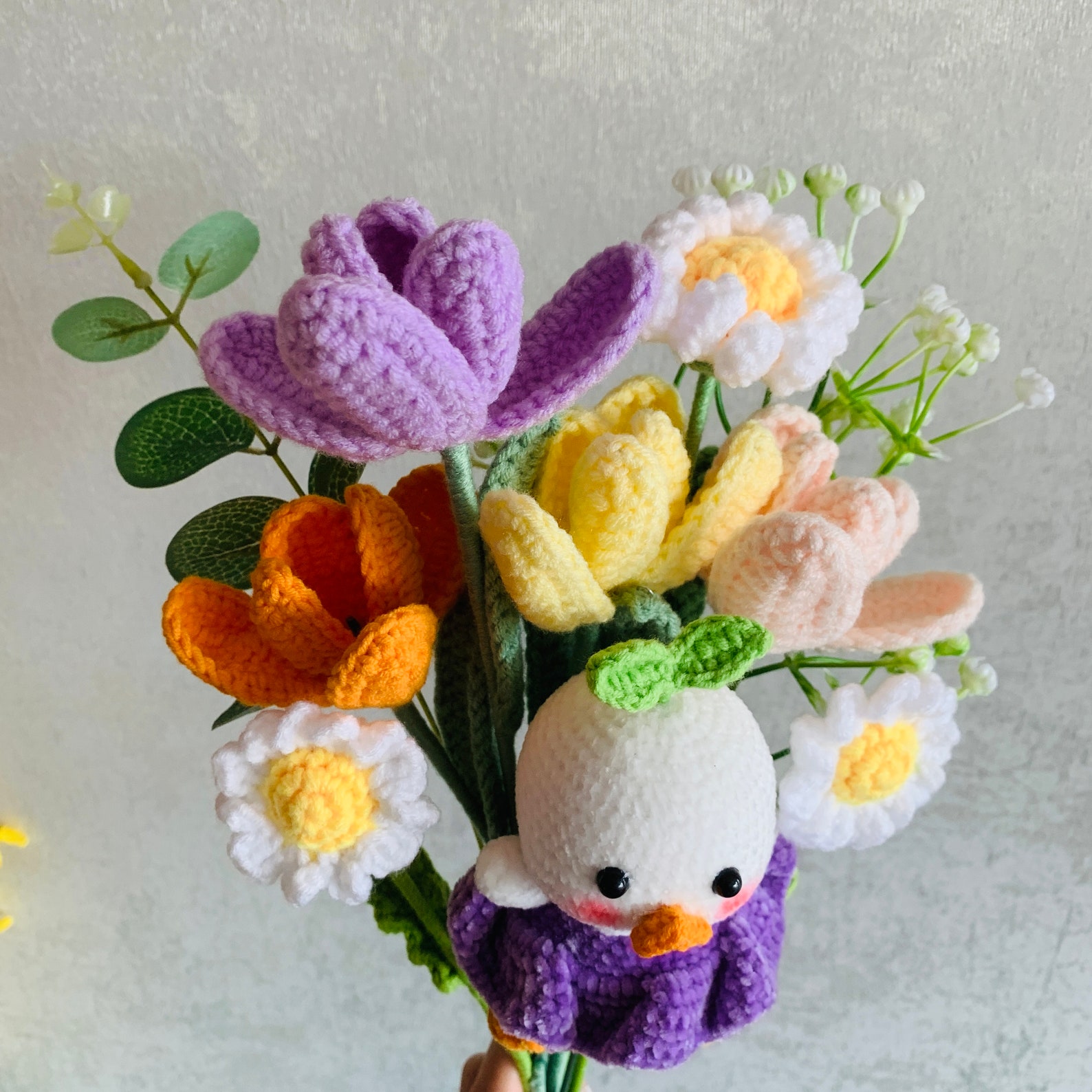 Crochet Flowers, Duck With Grass Tulip Daisy Flower Ornaments, Cute A ...