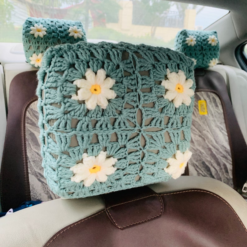 Headrest Covers, Steering Wheel Cover, Crochet Daisy Car Seat Headrest ...