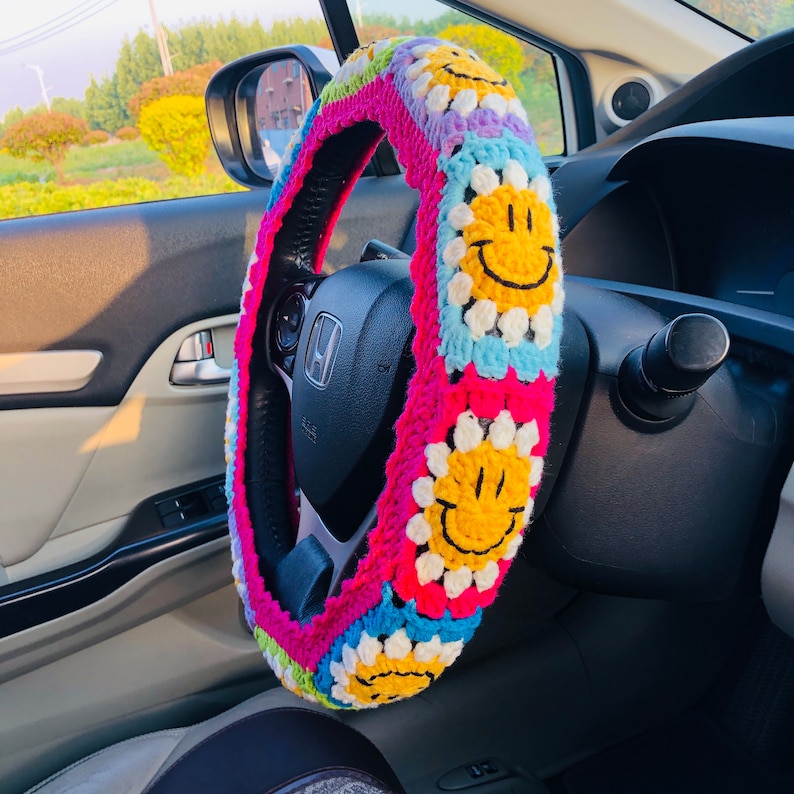 Steering Wheel Cover for Women, Crochet Cute Kawaii Strawberry Flower ...