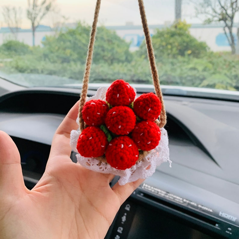 Cute Kawaii Flower Strawberry Car Mirror Hanging Charm Fruit Decor ...