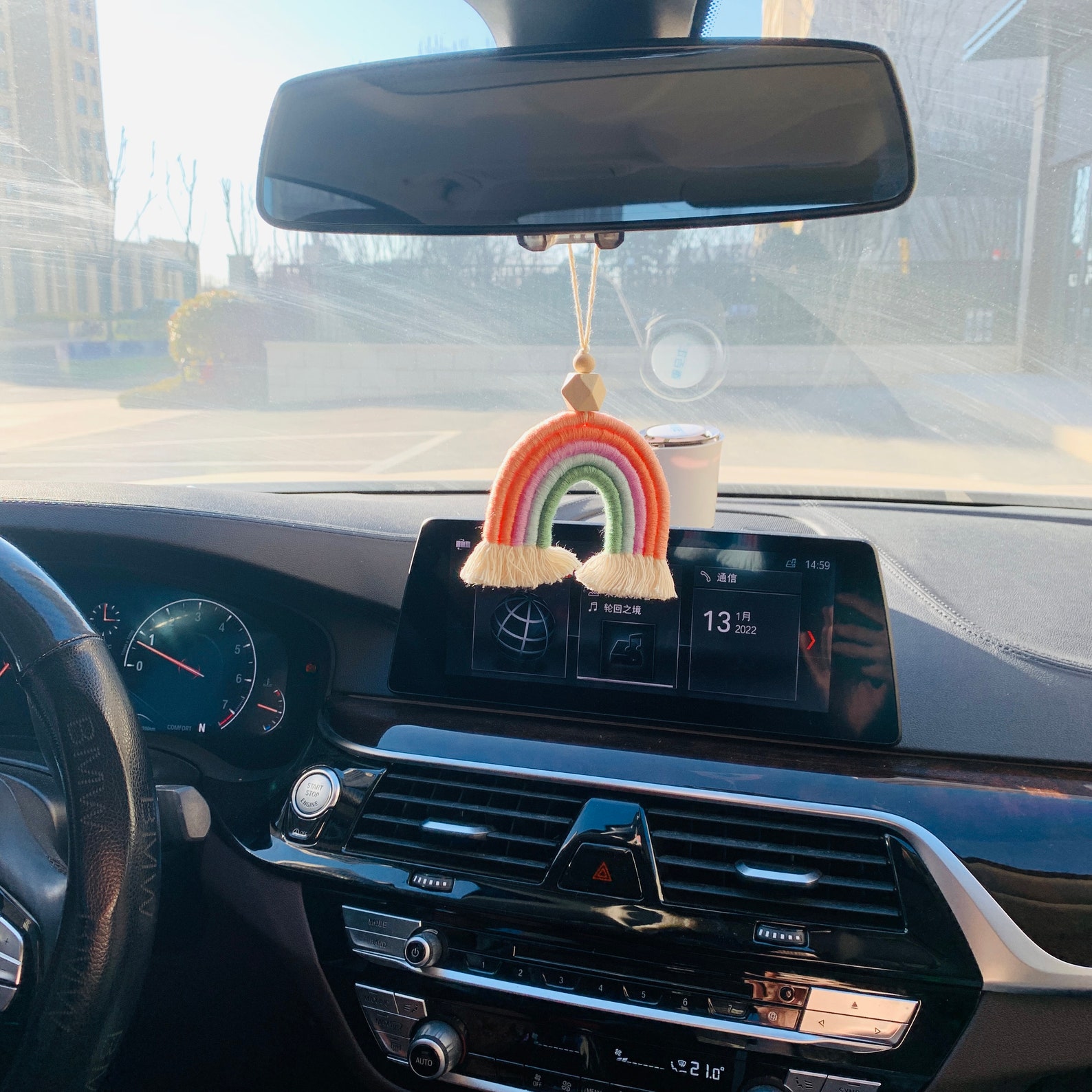 Cute Car Accessories Mirror Hanging Rainbow Kawaii Flower Charm Fruit ...