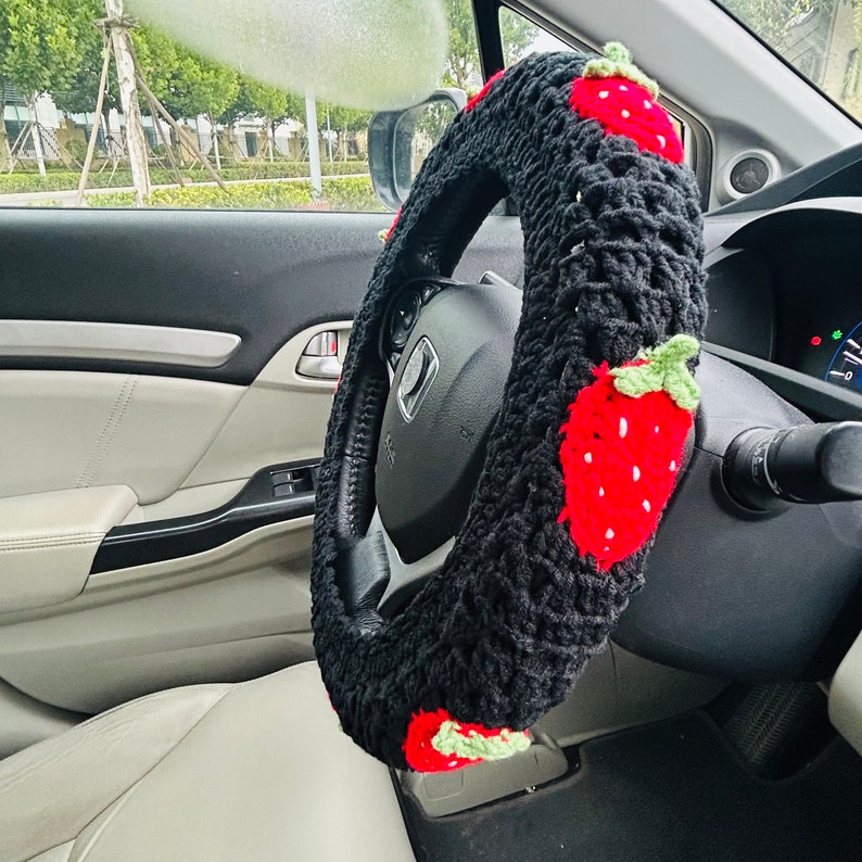 Steering Wheel Cover for Women, Crochet Cute Black Strawberry Flower ...
