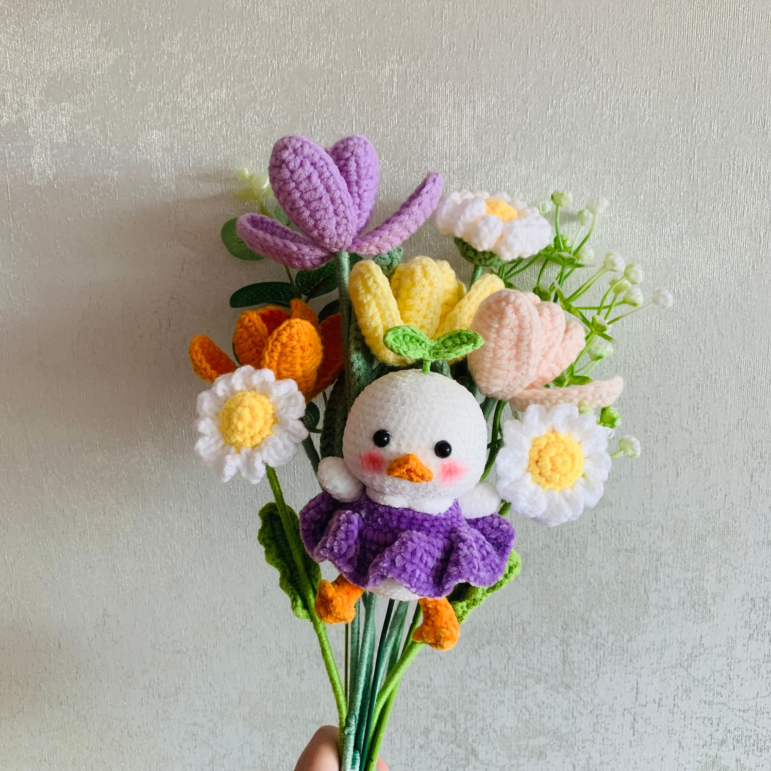 Crochet Flowers, Duck With Grass Tulip Daisy Flower Ornaments, Cute A ...
