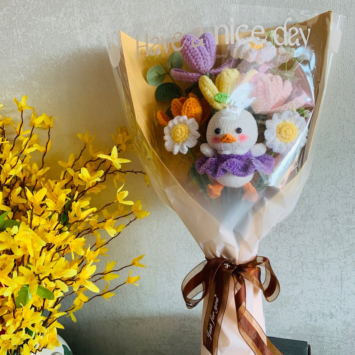 Crochet Flowers, Duck With Grass Tulip Daisy Flower Ornaments, Cute A ...