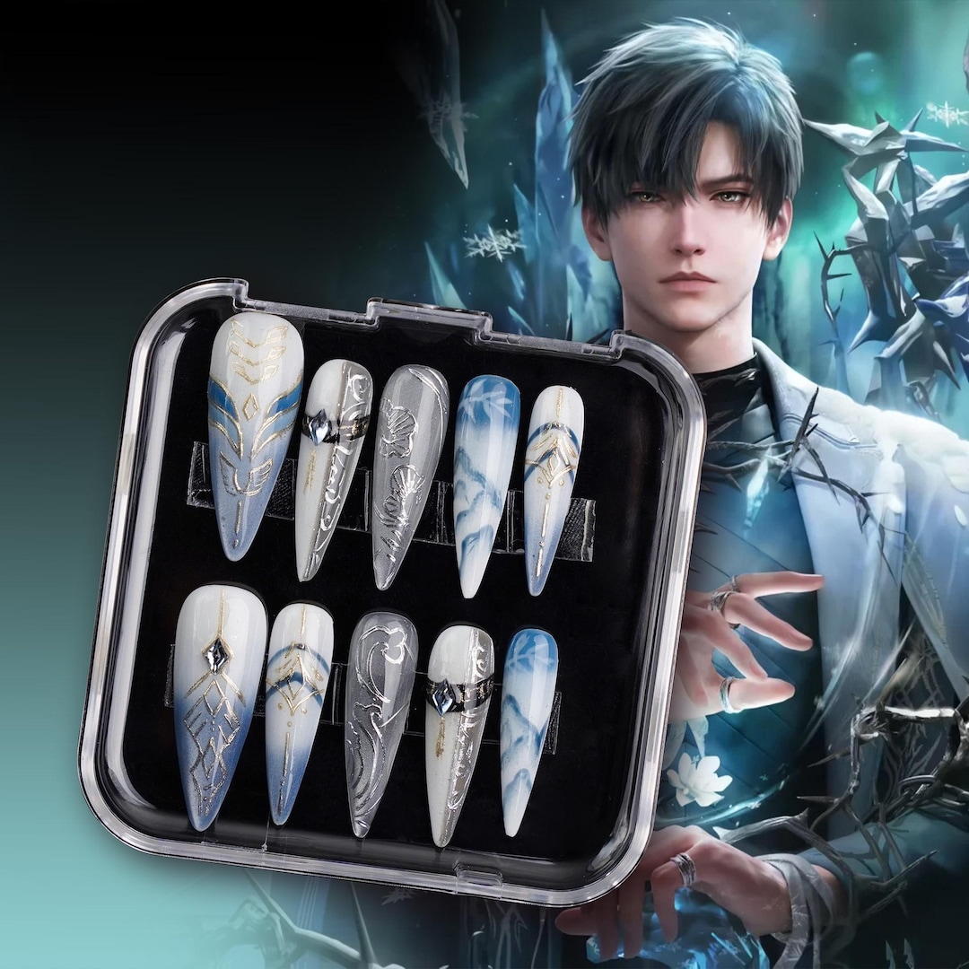 Love and Deepspace Zayne-inspired Press-on Nails-ice Blue Gradient,gold ...
