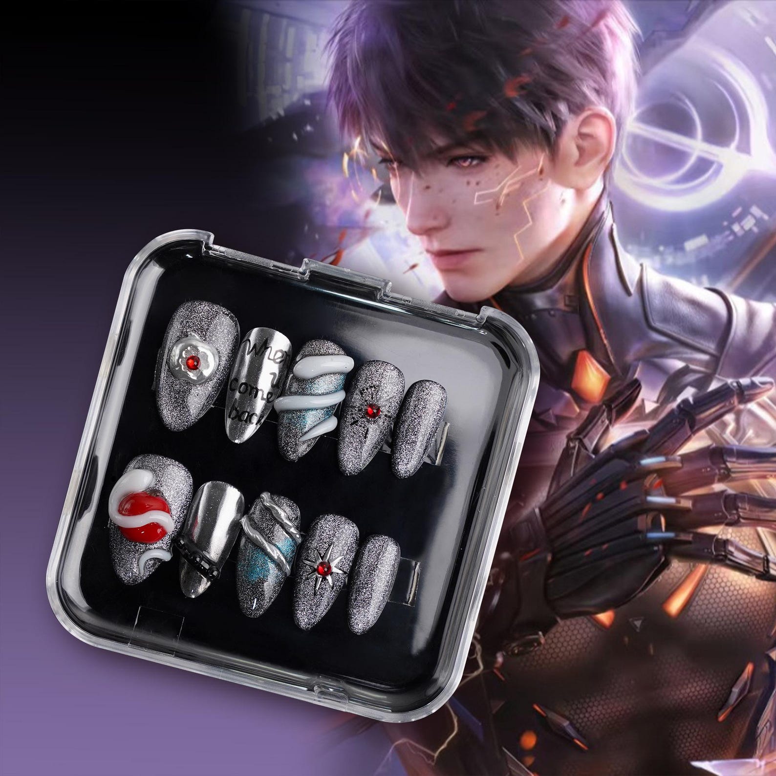 3D Cyberpunk Press-on Nails: Caleb's Mecha Armor - Electric Blue ...
