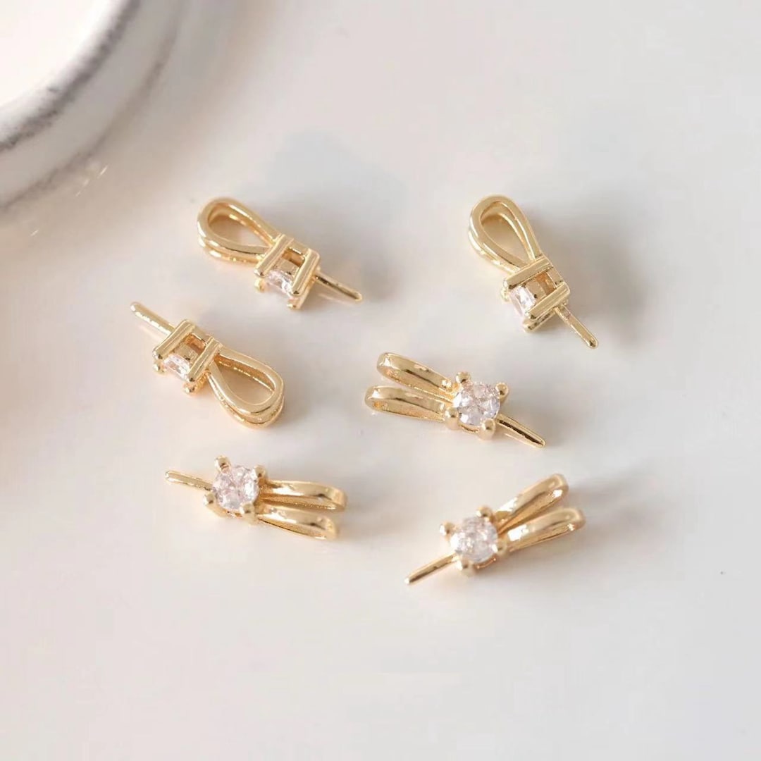 14K Gold Plated CZ Square Pinch Bails W/screw Peg for Half Drilled ...