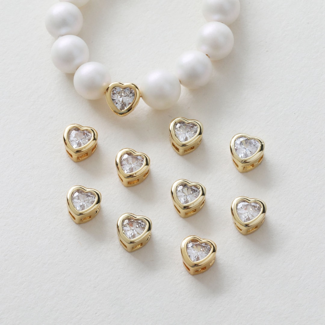 14K Gold Plated CZ Love Heart Beads, Gold Tone Zircon Beads, Shiny Heart Beads, Gold Heart ...