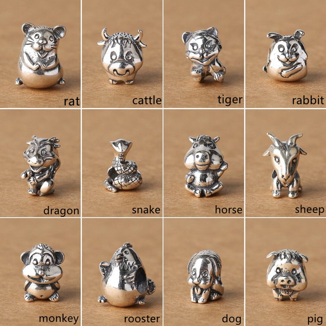 Sterling Silver Twelve Zodiac Beads, Beads for Bracelet, Rat Ox Tiger ...