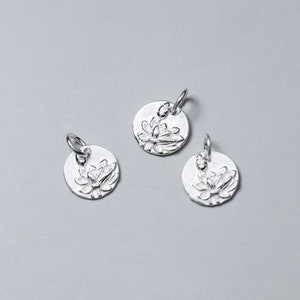 Sterling Silver Lotus Round Tag Charm Pendant, Flower Bracelet, Floral ...