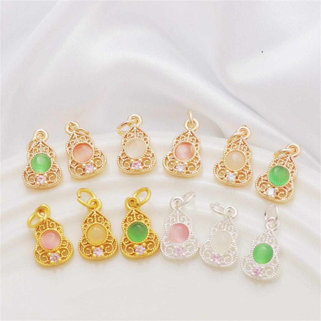 14K Gold Plated CZ Pave Zircon Gourd Charm With Bail, Inlaid Jade ...