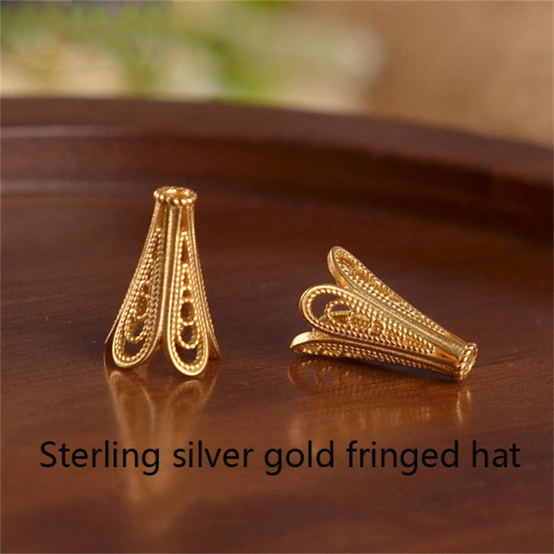 Gold Plated Over Sterling Silver Cone Beads, Silver Flower Bead Cap for Tassel, Silver Filigree ...