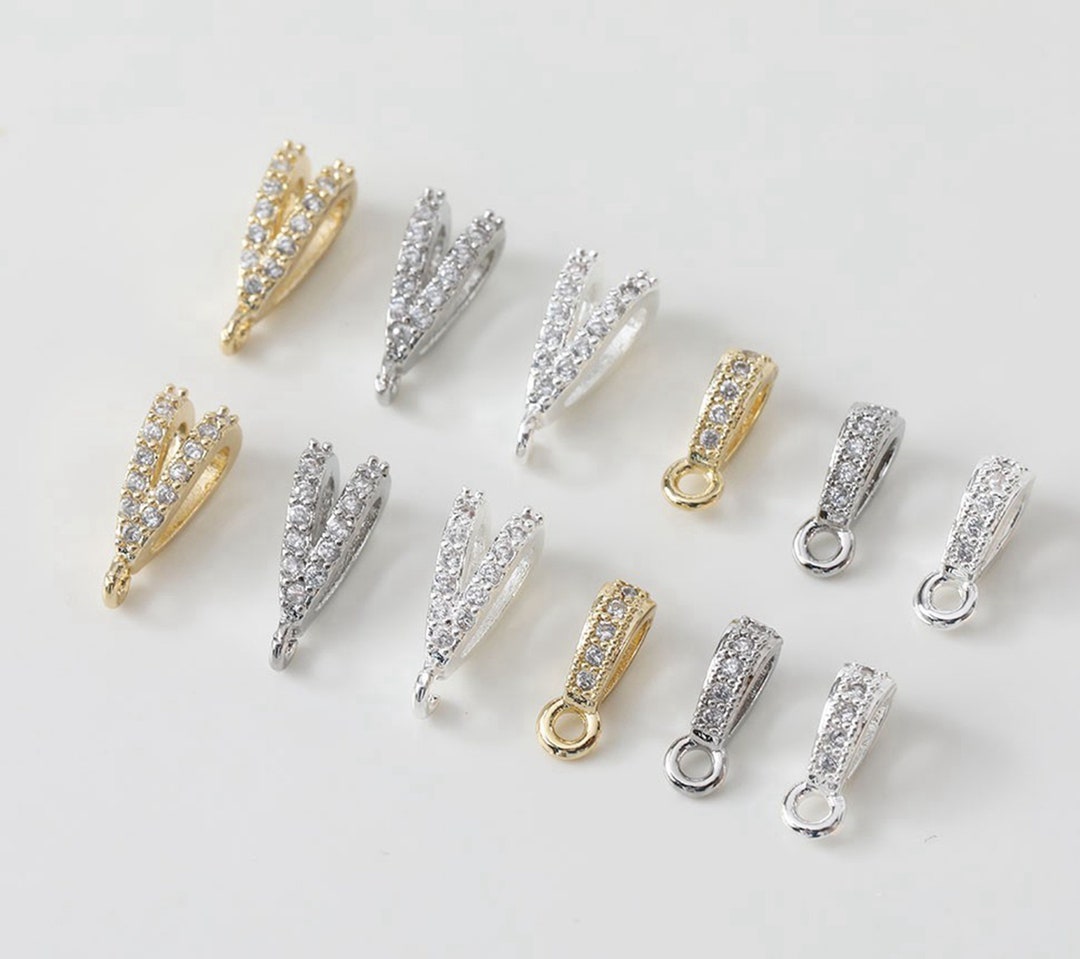 14K Gold Plated Shiny V Shape Pinch Bails, Gold Tone CZ Pinch Bail Set ...