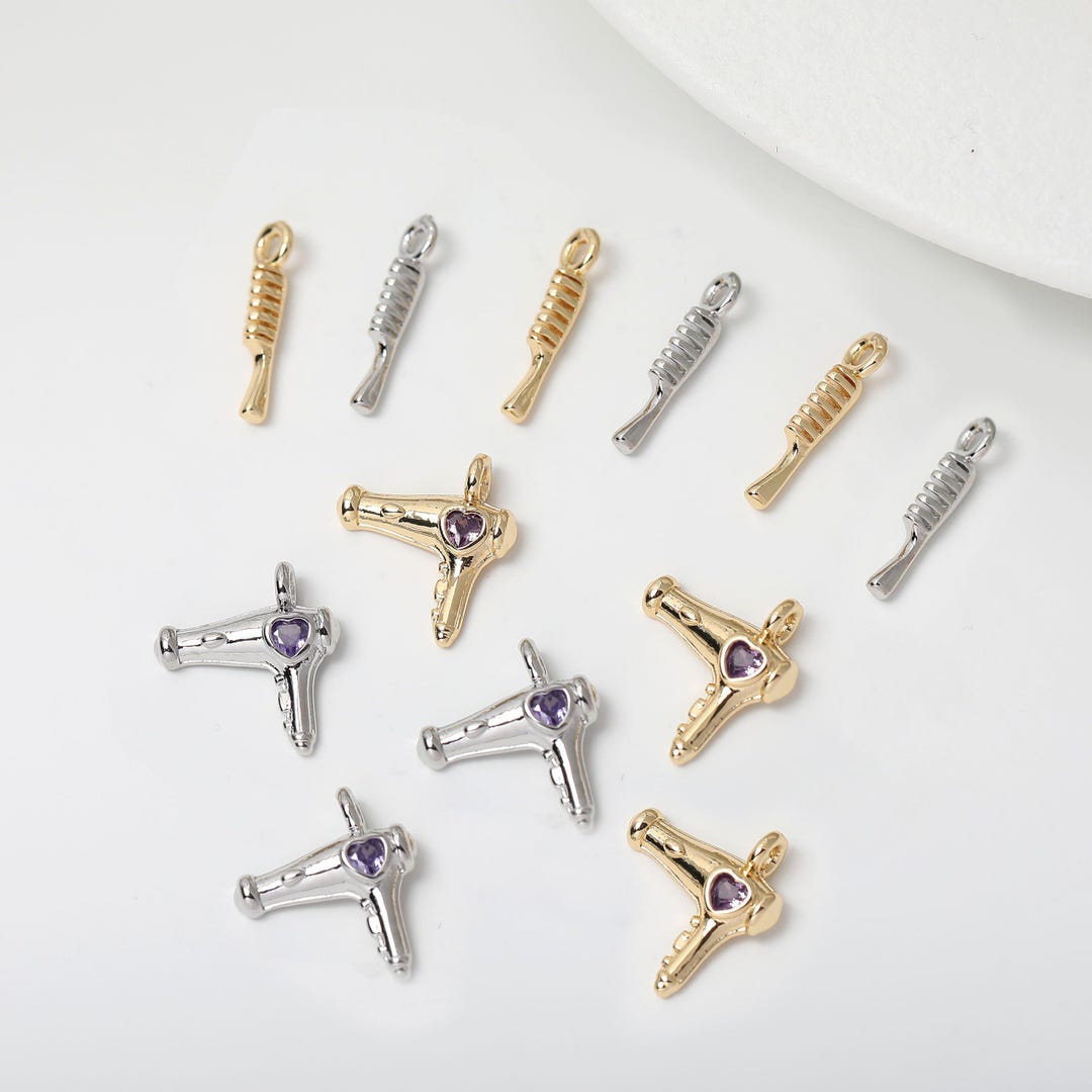 14K Gold Plated CZ Heart Hair Dryer Charm Pendant, Comb Jewelry, Barber ...