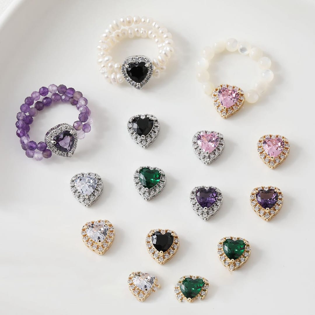 14K Gold Plated CZ Love Heart Beads, Gold Tone Zircon Beads, Shiny ...