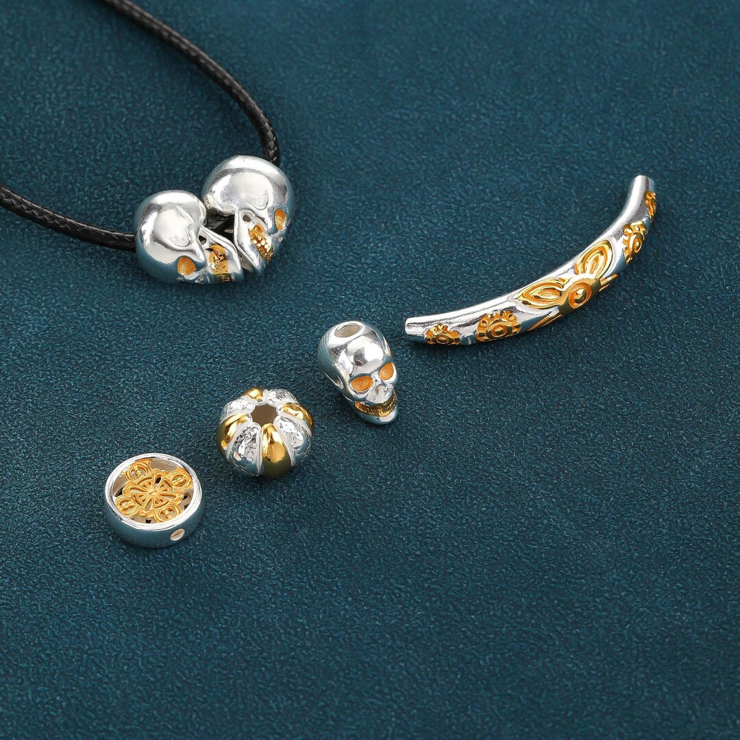 Sterling Silver Vajra Dorje Beads, Flat Round Bead, Tibetan Bead, Skull ...