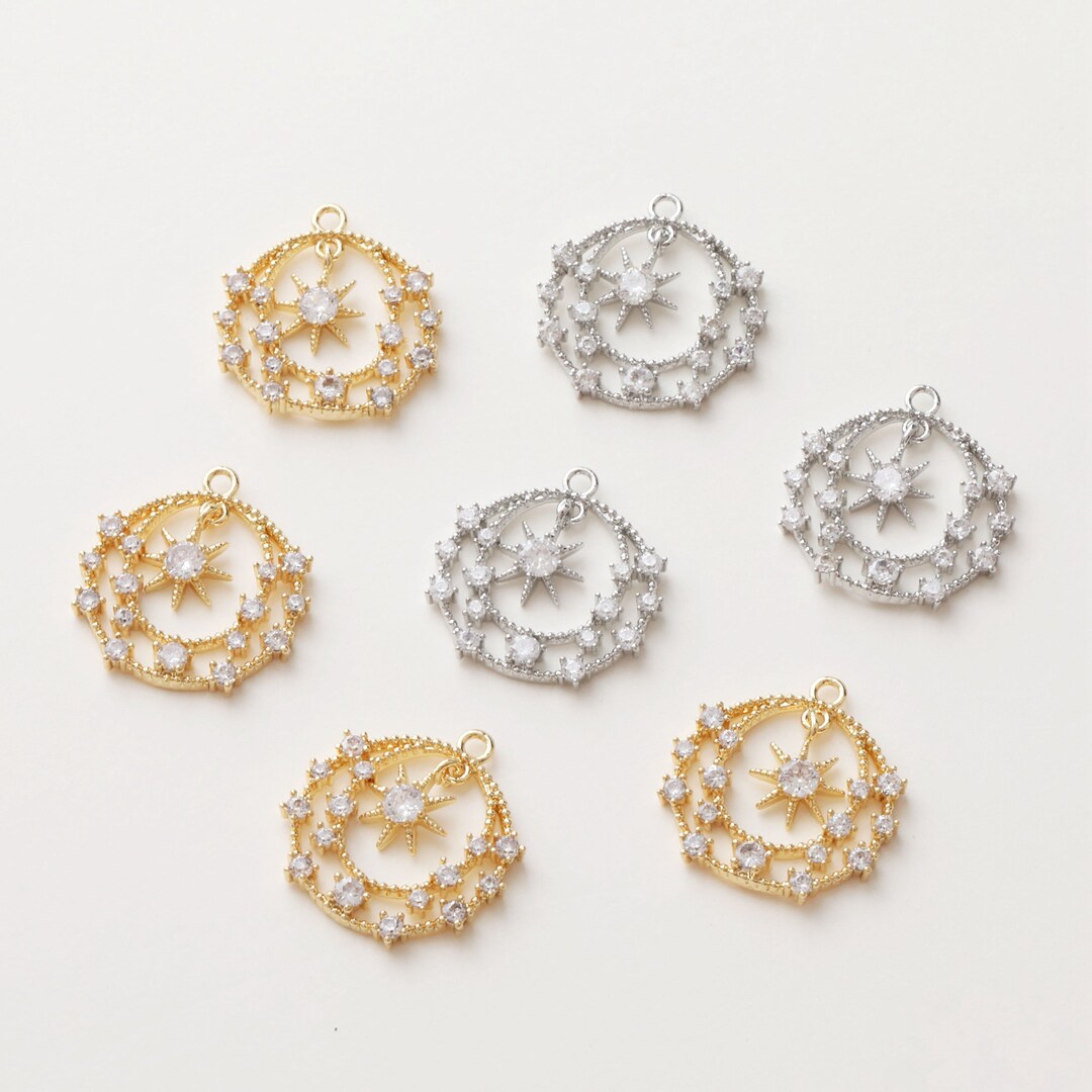 14K Gold Plated CZ Shooting Star Round Charm, Gold Tone Star Charm for ...